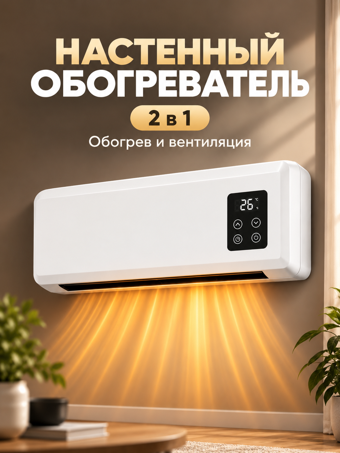 Настенный вентилятор и обогреватель, 2в1, электронный, дисплей, 1шт