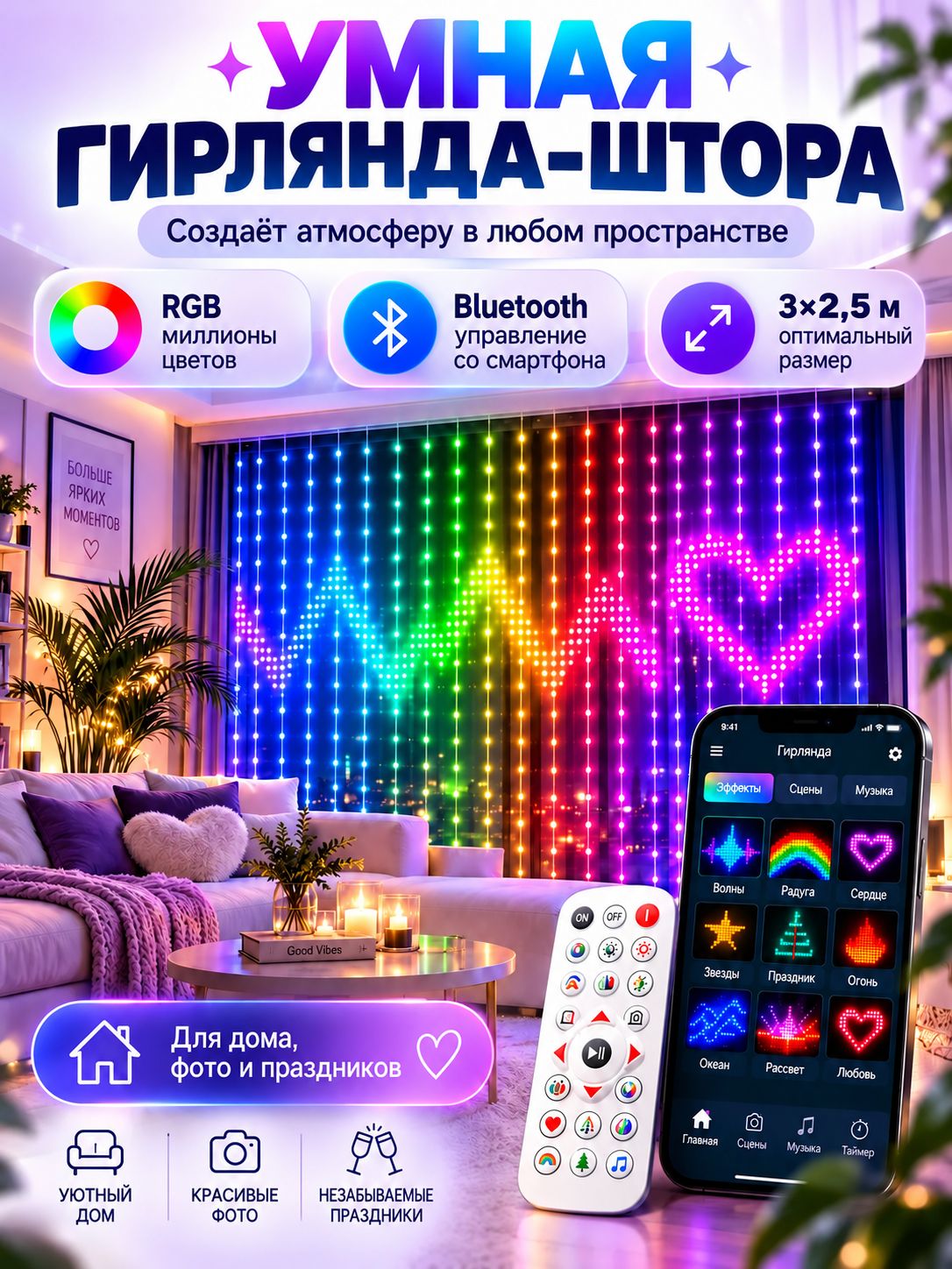 Умная гирлянда штора премиум 3х2,5 м занавес управлением с телефона + пульт ДУ / Смарт музыкальная гирлянда RGB 100 режимов, разноцветный