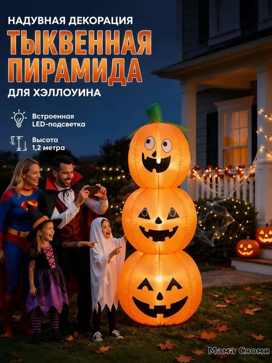 Надувная фигура Тыквенная пирамида для Хэллоуина высотой 120 см с LED-подсветкой