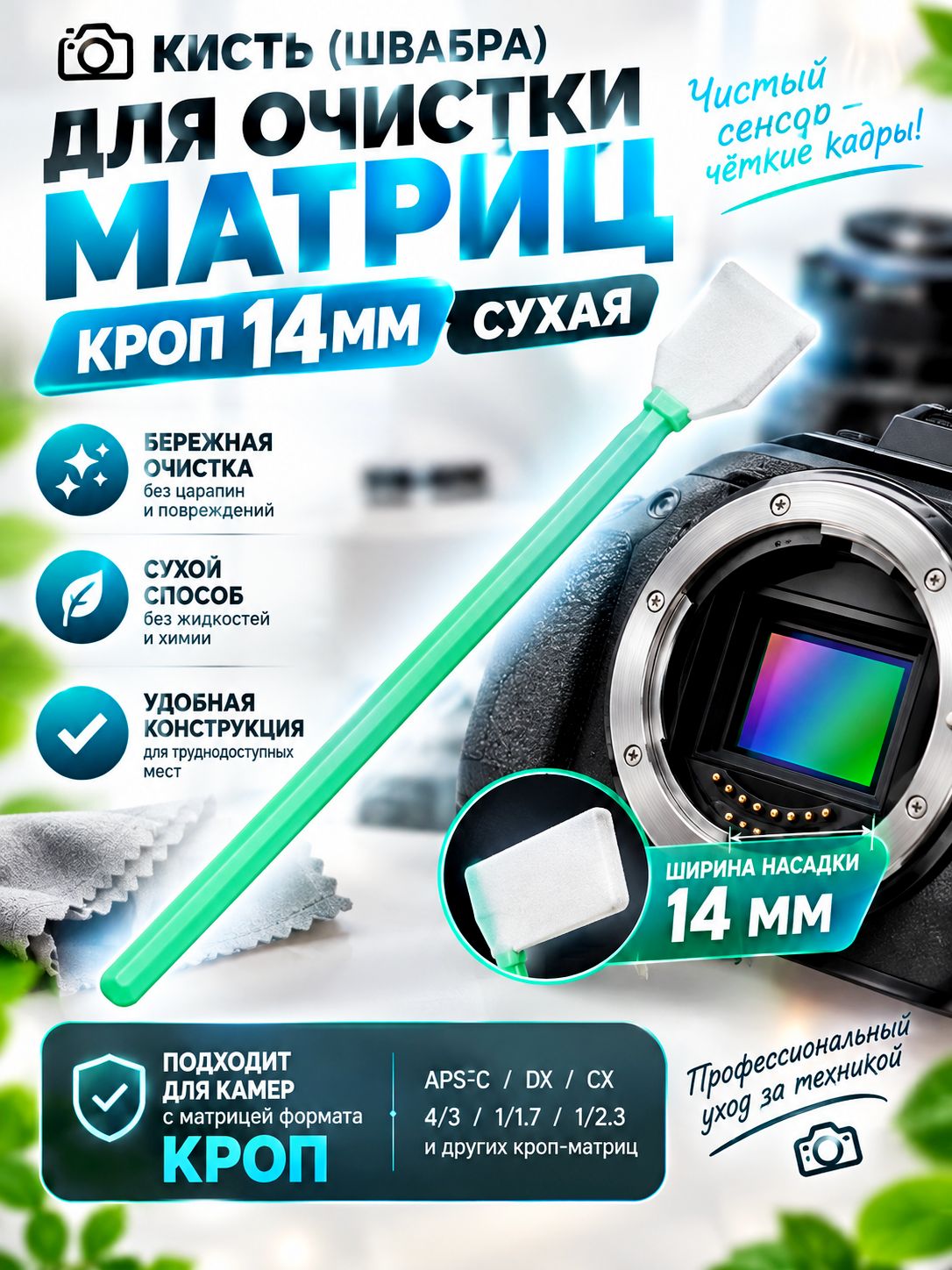Кисть (швабра) для очистки матриц фотоаппарата кроп 14мм сухая