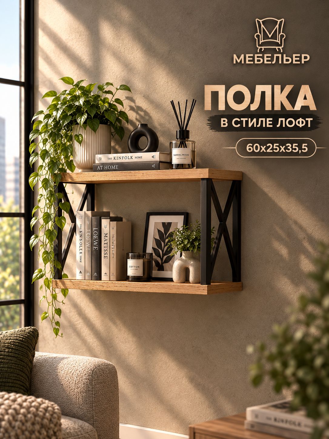 Полка настенная, навесная 60x25, Дуб Вотан
