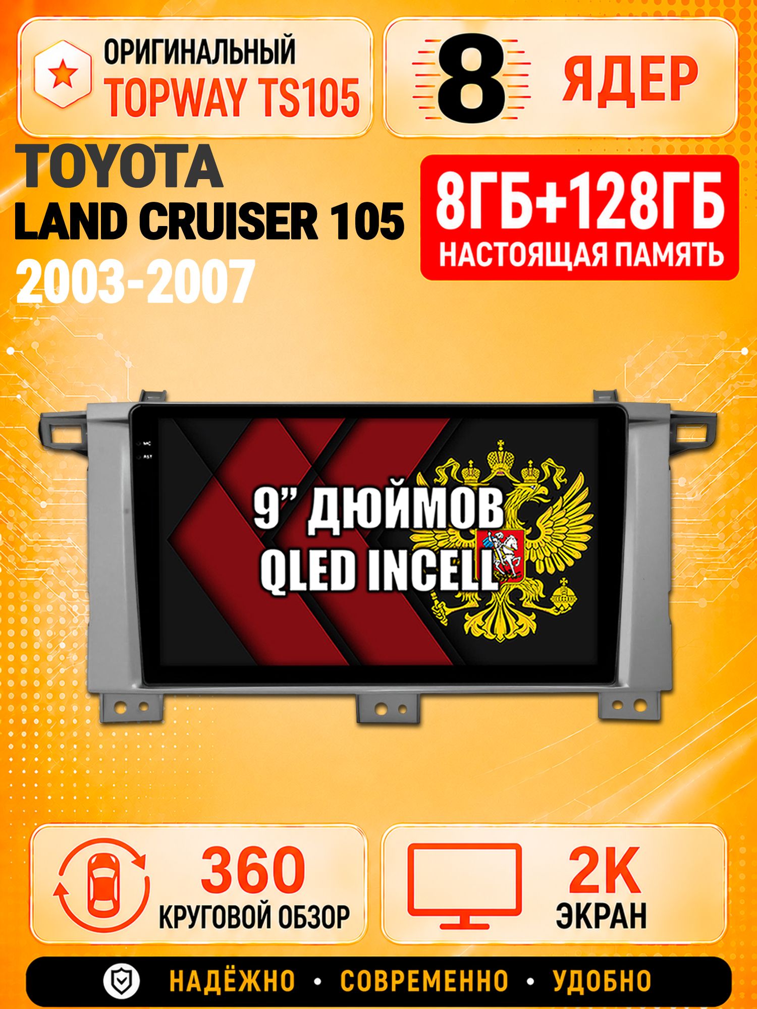 8 ядер TS105, 8гб+128гб, экран 2К и круговой обзор 360, для TOYOTA LAND CRUISER 105, Андроид магнитола с Carplay