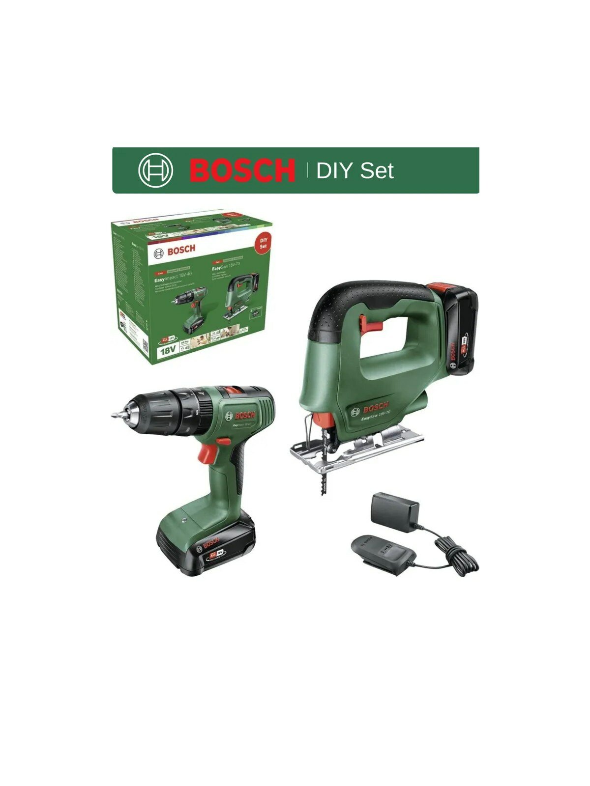 Набор инструментов Bosch EasyImpact 18V-40 и EasySaw 18V-70, 2 аккумулятора 2,0 Ач, зарядное устройство, чемодан, с без АКБ и ЗУ, арт. 06039D810A