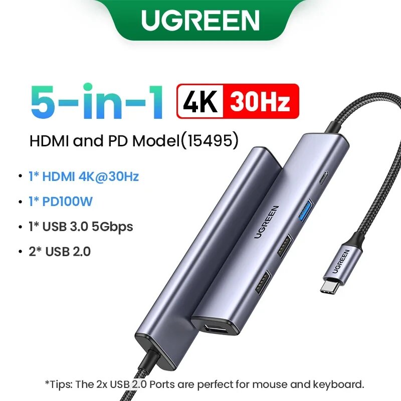 UGREEN USB-C хаб 5-в-1 HDMI 4K 30Hz, PD 100W