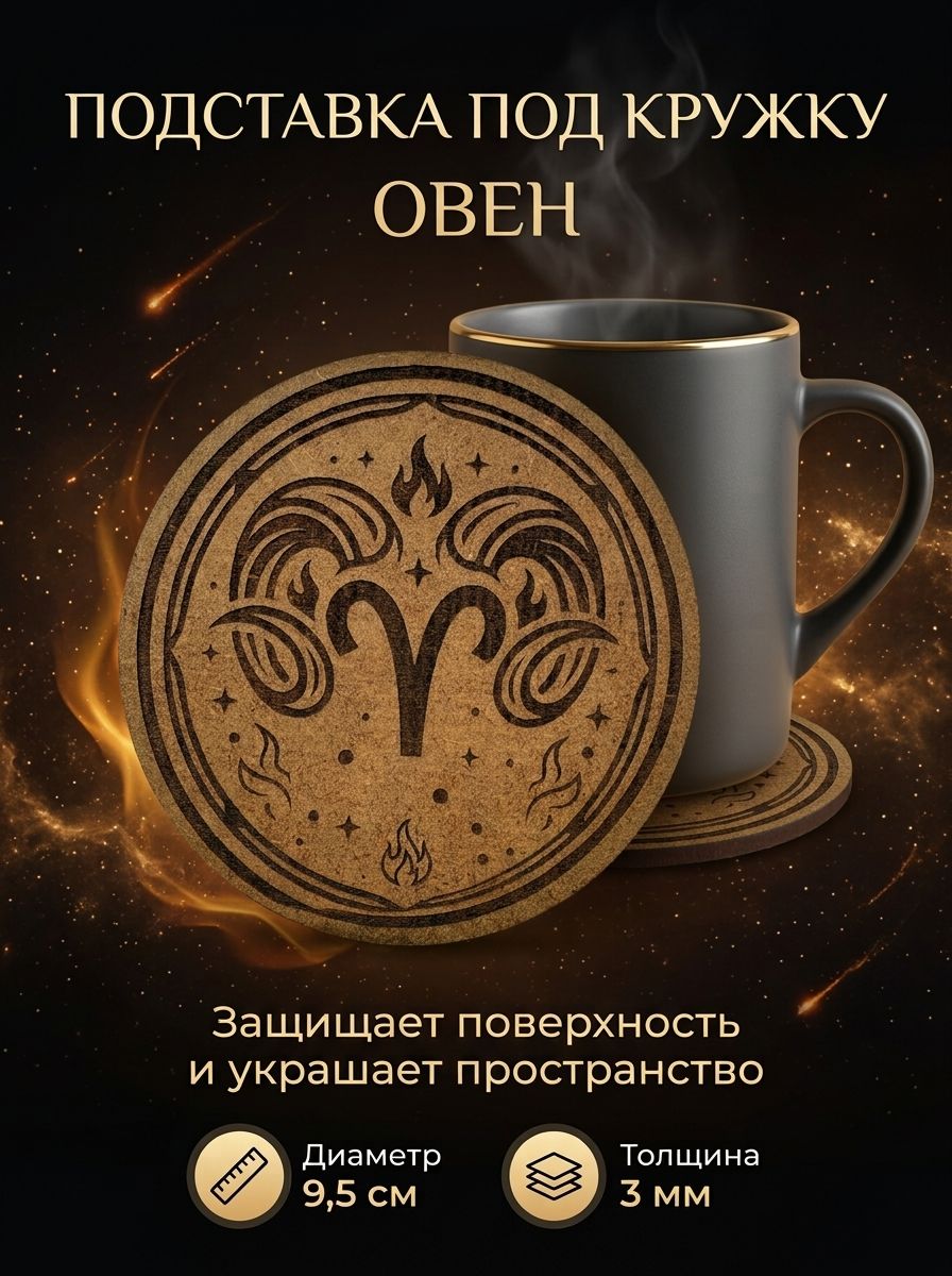 Подставка под кружку Овен, подставка под горячее со знаком зодиака, подарок по гороскопу, 9,5 см