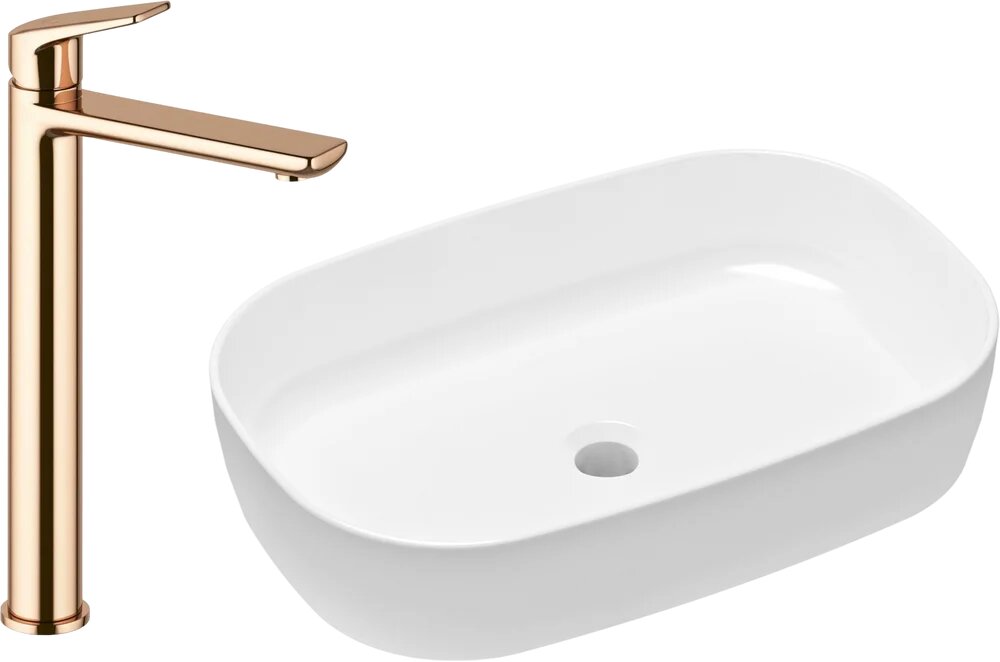 Комплект 2 в 1 Накладная раковина Lavinia Boho Bathroom Sink Slim 33311003 54 глянцевая белая / Смеситель Wellsee ICON! for life 182309000, розовое золото
