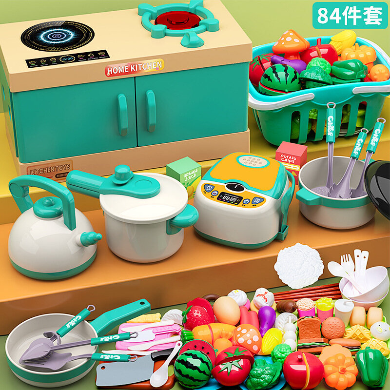Зеленая игрушечная кухня с ножами для резки и 84 предметами для девочек 3-6 лет, кухонная игрушка для ролевой игры