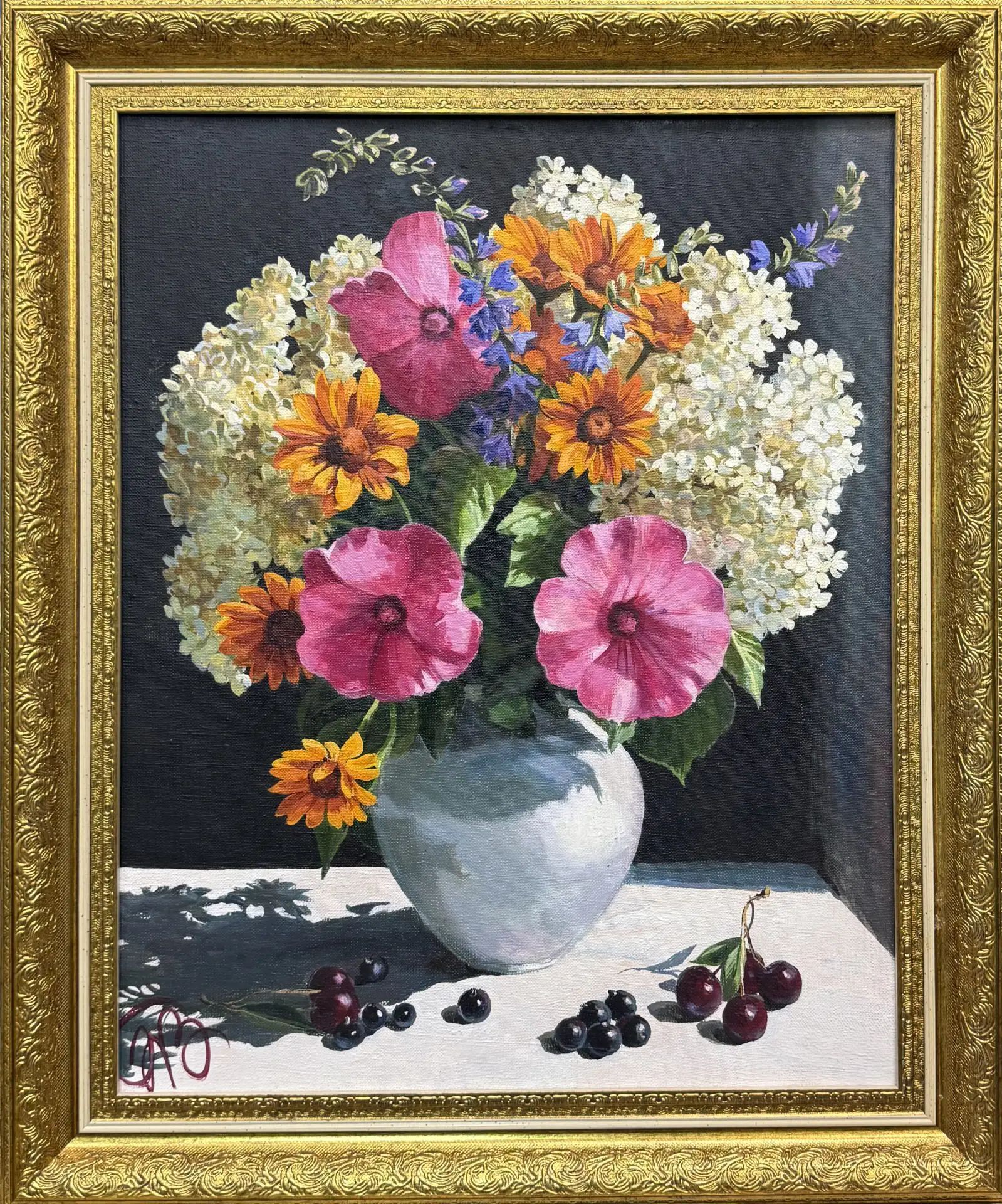 Картина маслом, цветы "Букет в белой вазе". Холст/Масло. Размер 50x40. Автор Панасюк Н.