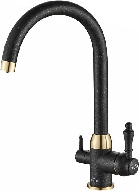 Смеситель для кухни Steel Hammer SH 723 BLACK BR с краном для питьевой воды, с поворотным изливом, бронзовый, черный, матовый, однорычажный, латунный, с керамическим картриджем