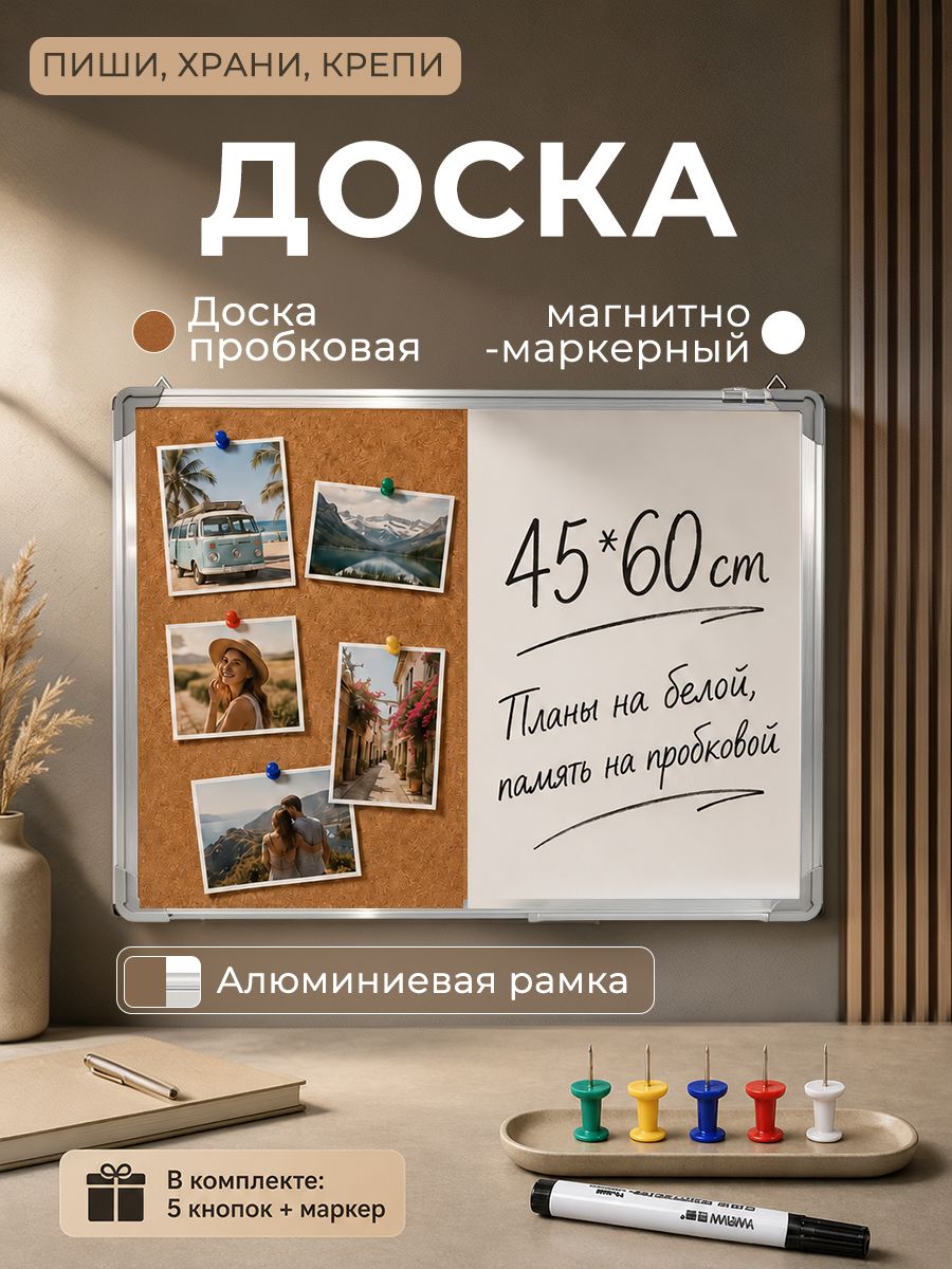 Доска комбинированная с магнитная маркерная настенная 45*60 см, двусторонняя доска для записей и рисования, пробковая на стену для объявлени