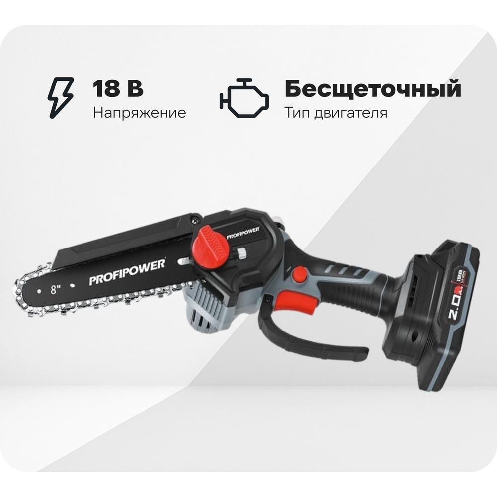 Аккумуляторная бесщеточная цепная пила Profipower MKGSH-18V (Li-ion-2 шт, 2.0Ач, 20 см, 8", 0-4500 об/мин, З/У, коробка) E0216