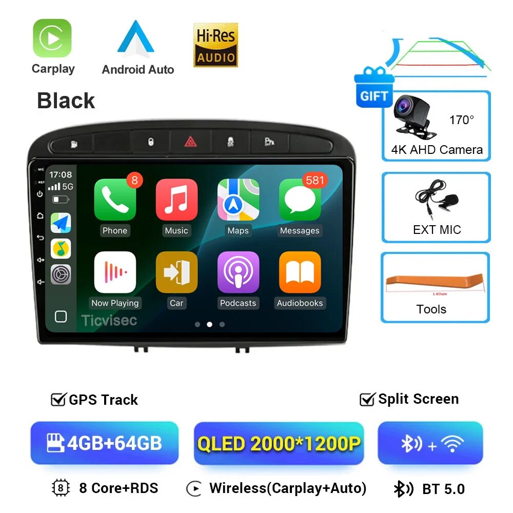 Android Автомагнитола Carplay для Peugeot 308/408 (2010-2016), 4G+64GB, 4K