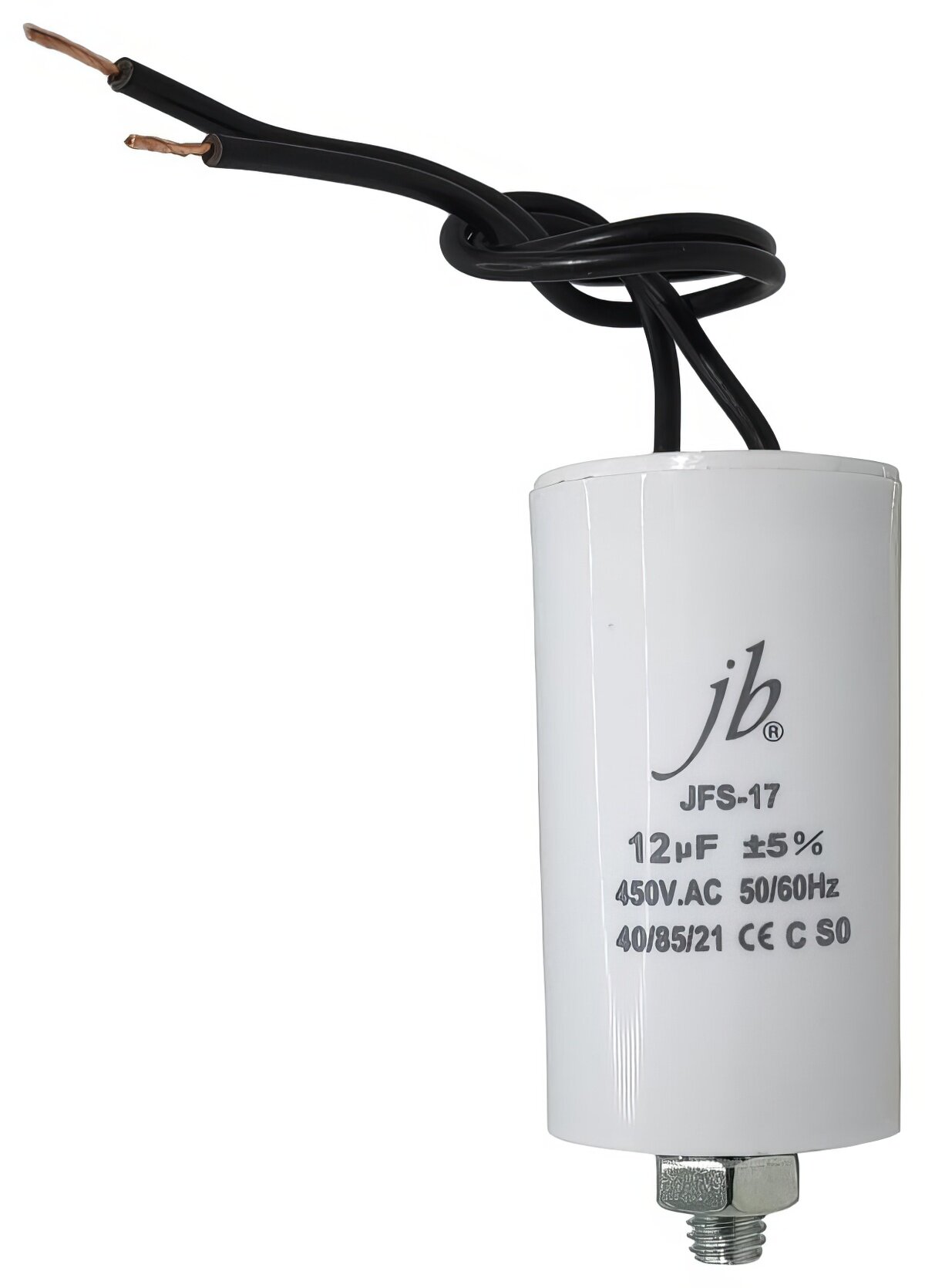 Конденсатор пусковой JB Capacitors 12мкФ, 450В, 35x68, JFS-17 (гибкие выводы+болт), JFS17A6126J000000B-231