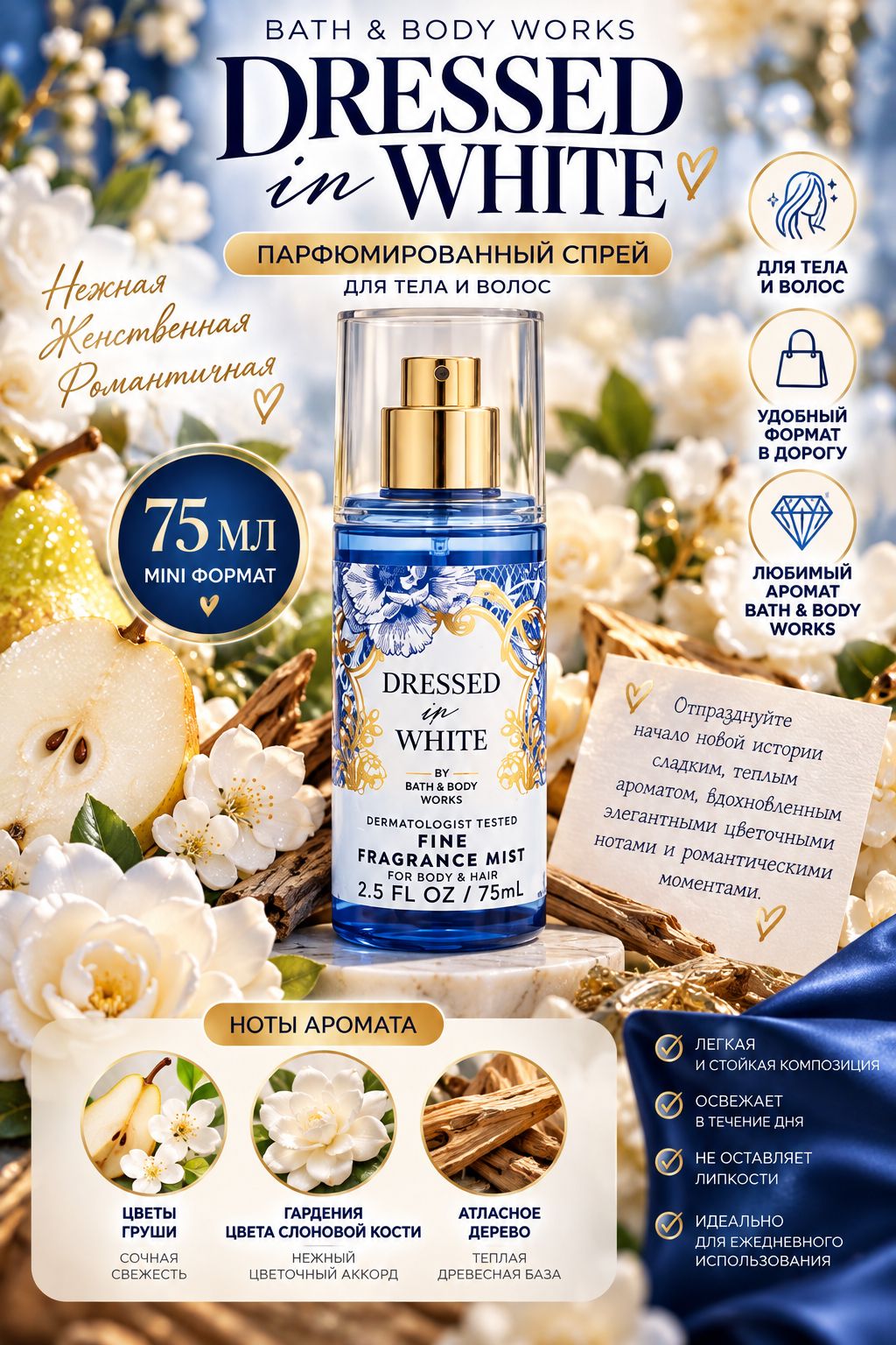 Парфюмированный спрей 75мл для тела Bath & Body Works DRESSED IN WHITE Mist