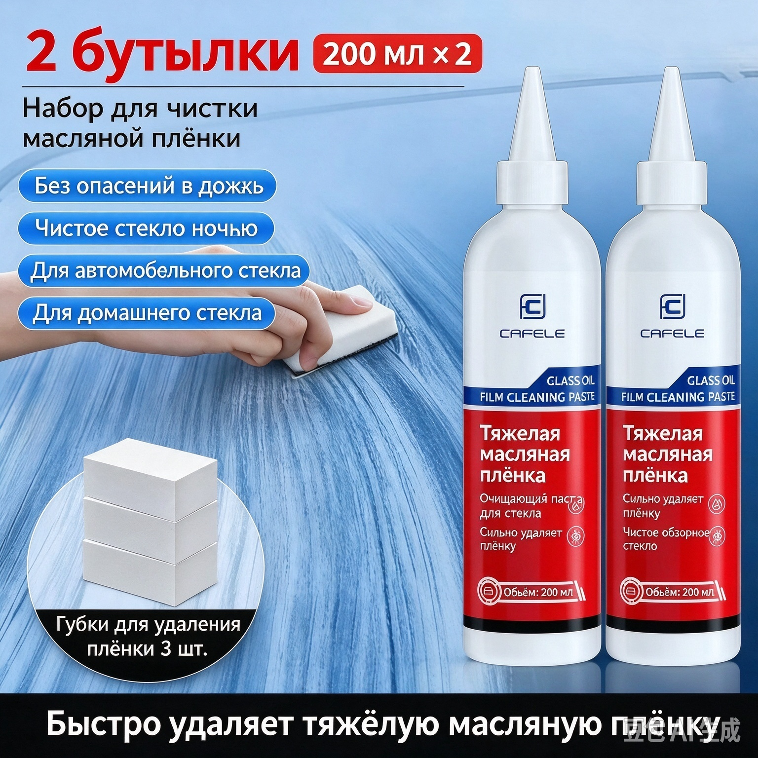 Паста удалитель масляной пленки на лобовом стекле авто 200 мл, комплект с губкой