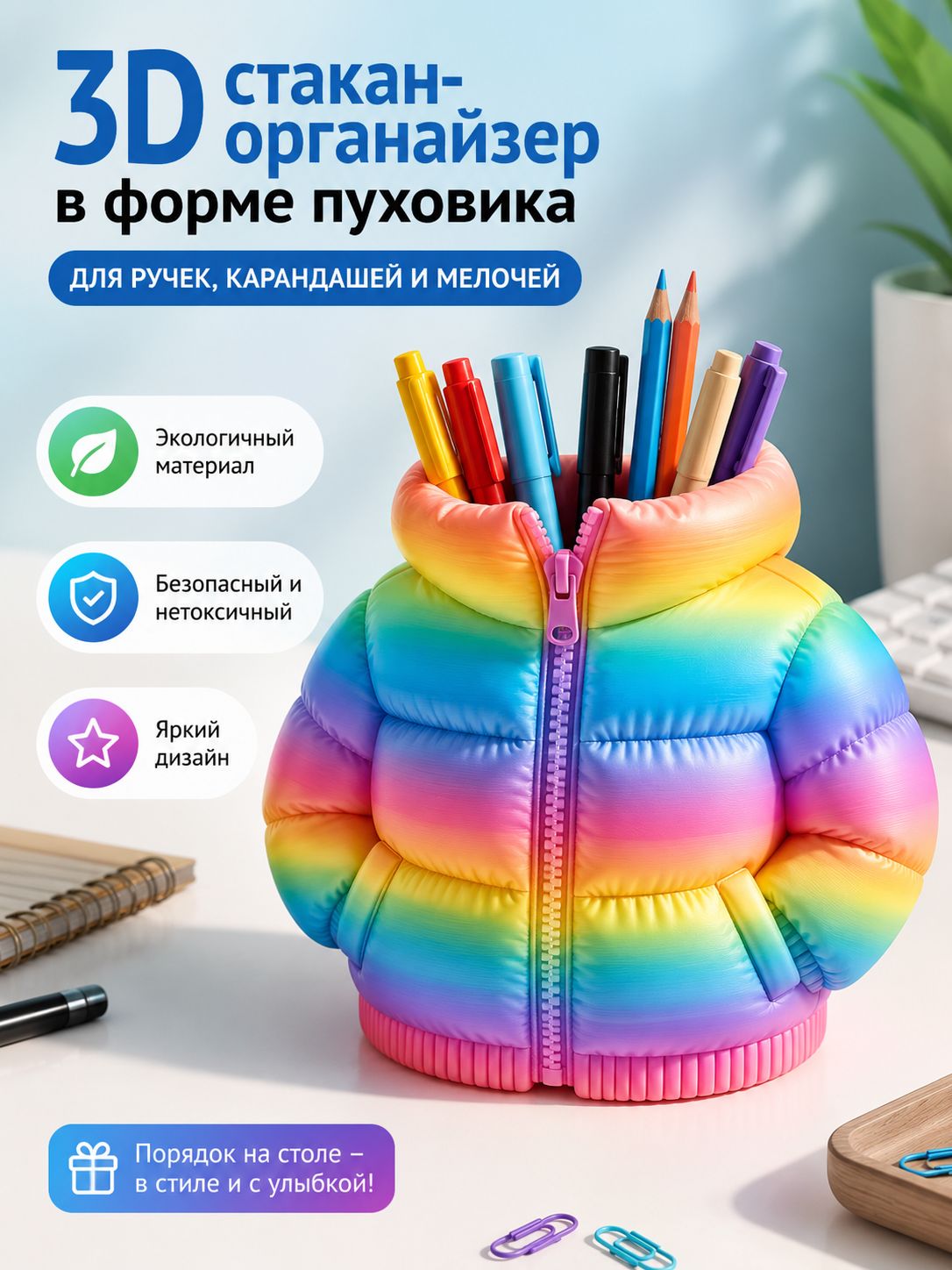Креативная подставка для канцелярии в форме зимнего пуховика, SKU A#10306-1, Объемная форма, Для офиса и школы