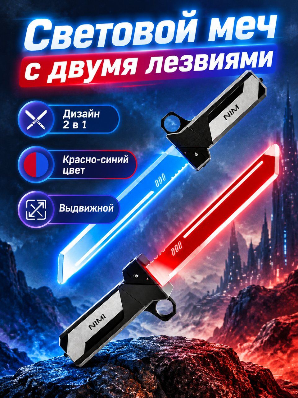 Световой меч игрушечный трансформер 2-в-1, красно-синий, светящийся, с выдвижным клинком, детская игрушка для мальчиков
