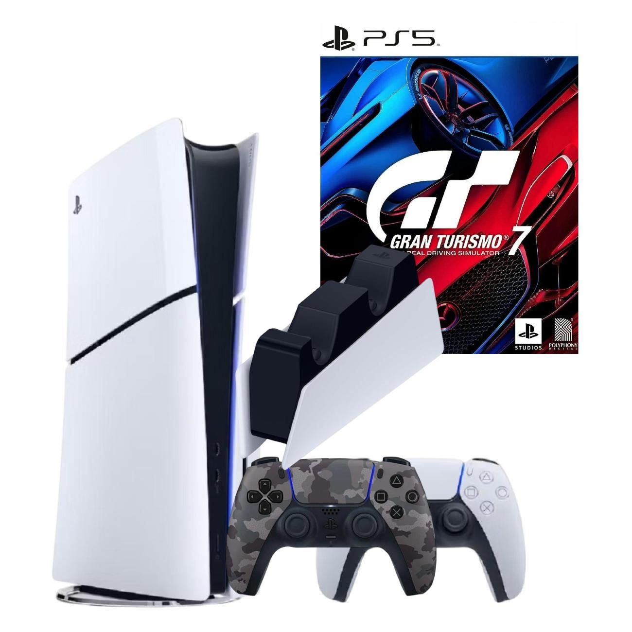 Игровая приставка PlayStation 5 Slim Disk + Gran Turismo 7+ Dualsense Charging Station+DualSense PS5 Camouflage