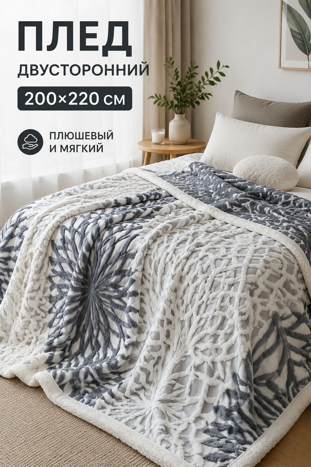 Двусторонний плюшевый плед 200×220 см черно-белый, для дивана и кровати