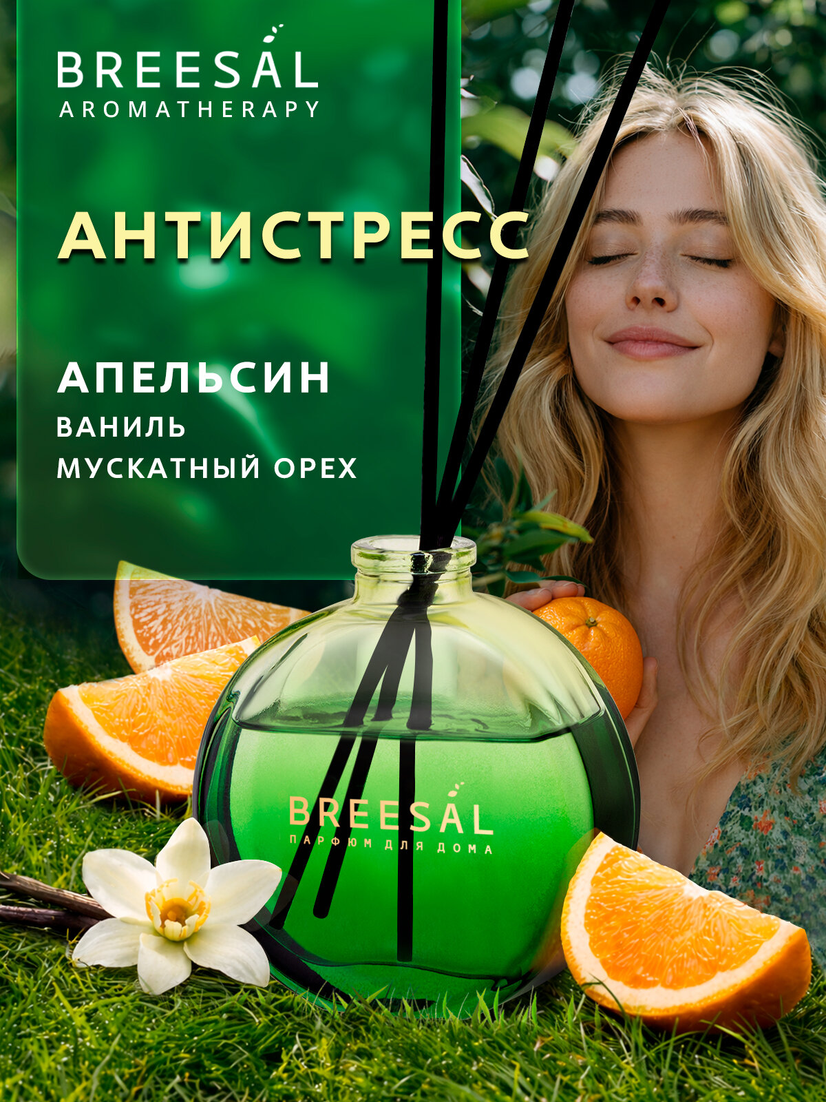 Breesal Диффузор для дома, ароматизатор с палочками : Антистресс ( апельсин ), 70 мл