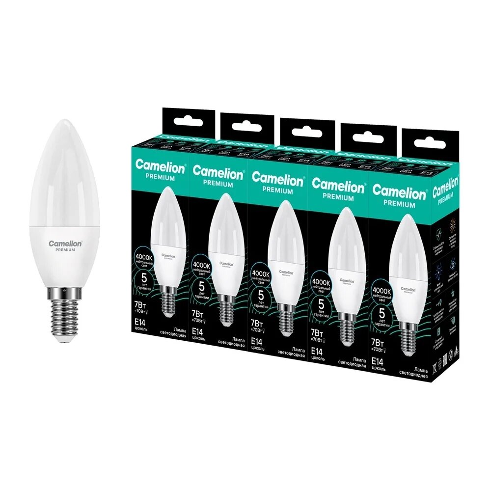 Camelion Светодиодная лампа Сamelion Premium LED7-C37-840-E14 5 шт. (свеча 7Вт E14 4000K 120-265В) 16904