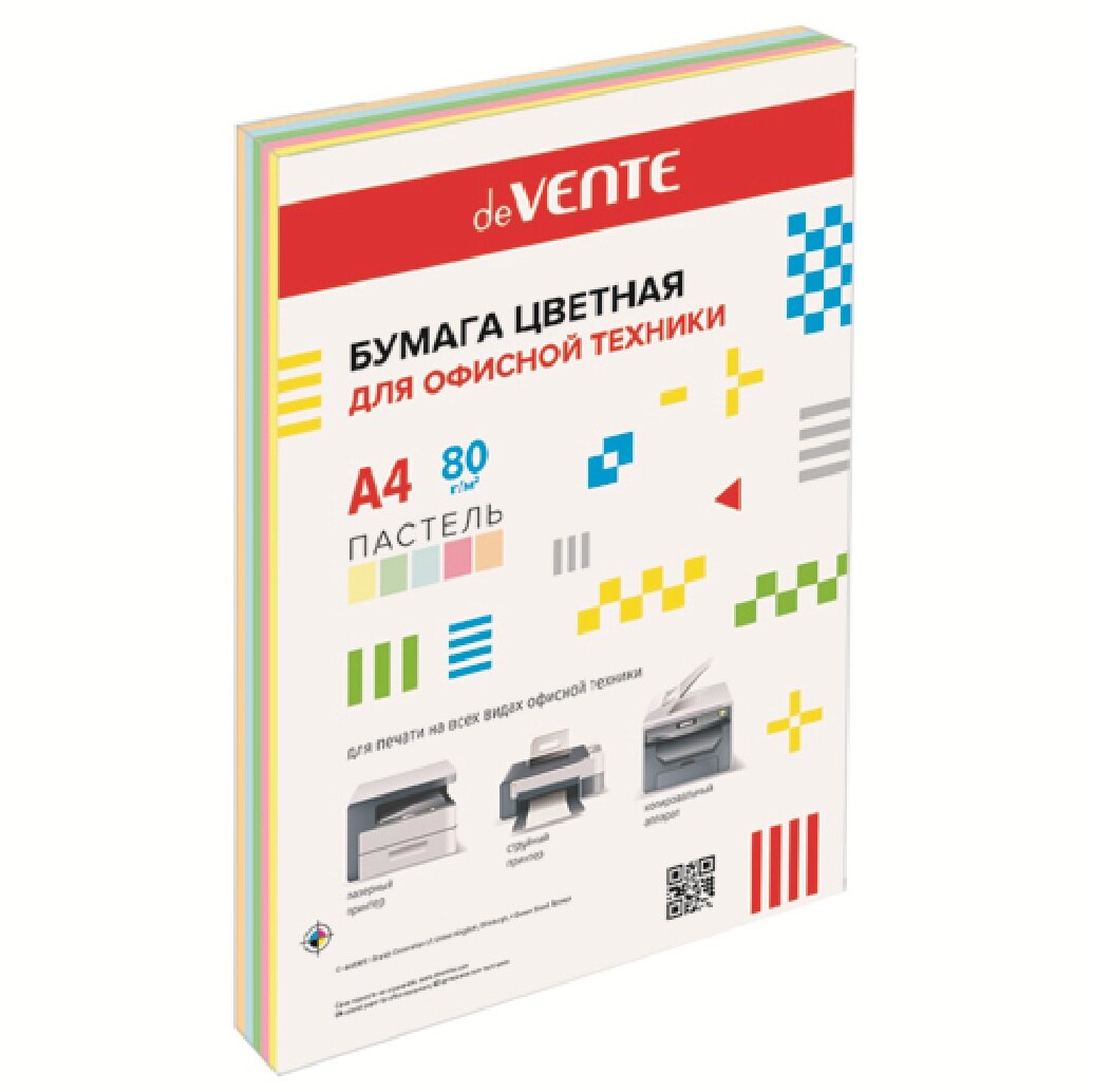 Бумага " deVente " пастель А4 80г/м 250л ассорти 5цв (голубой, желтый, оранжевый, розовый, салатовый)