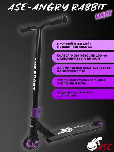 ASE-SPORT Самокат ASE-stunt-Angry Rabbit, фиолетовый