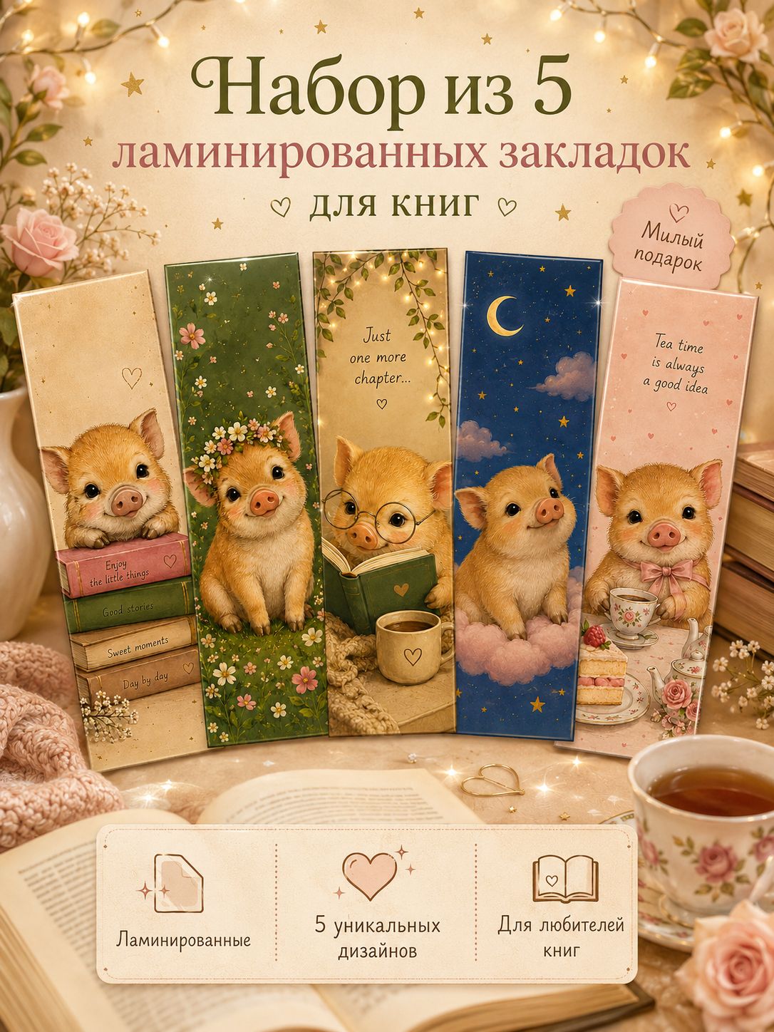 Набор из 5 закладок для книг. Поросята
