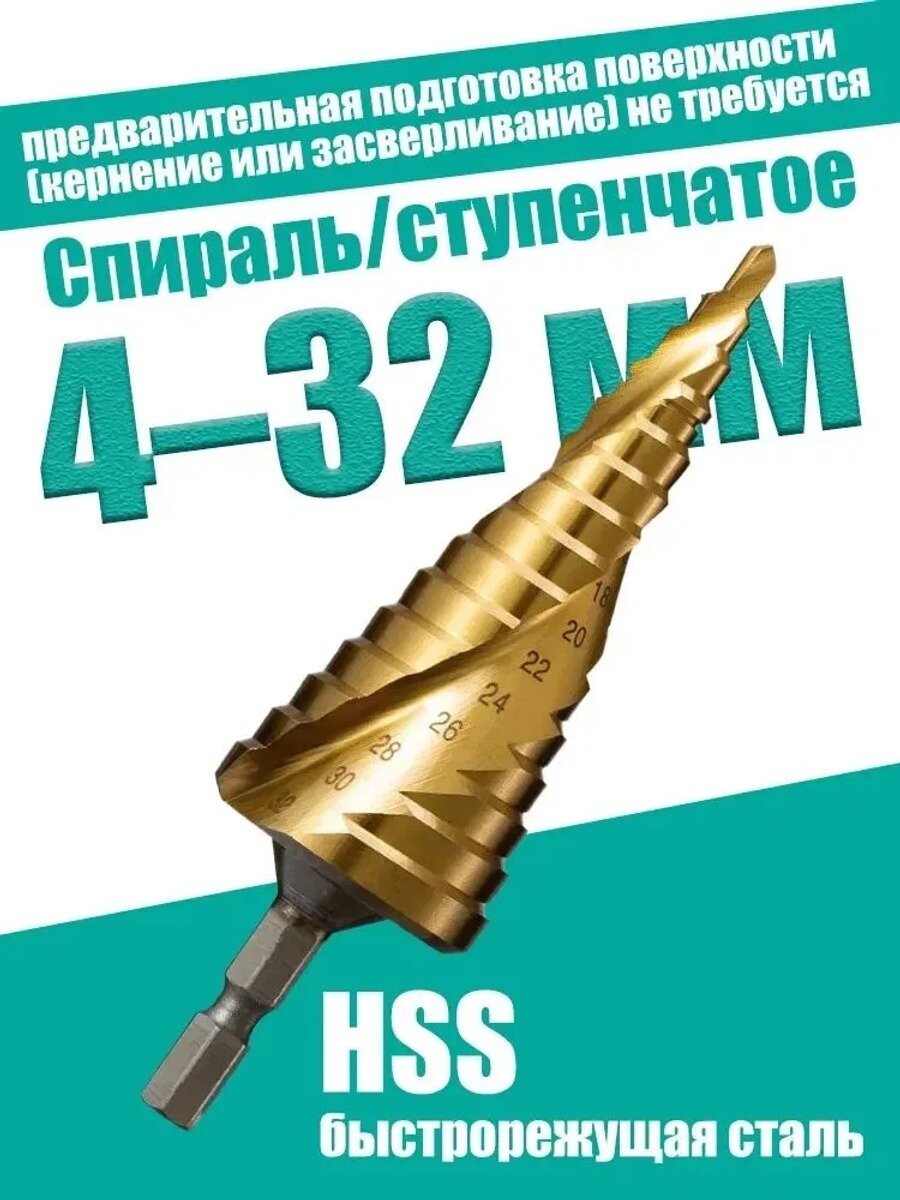Ступенчатое сверло по металлу 4-32 мм, HSS с нитридтитановым покрытием, шестигранный хвостовик