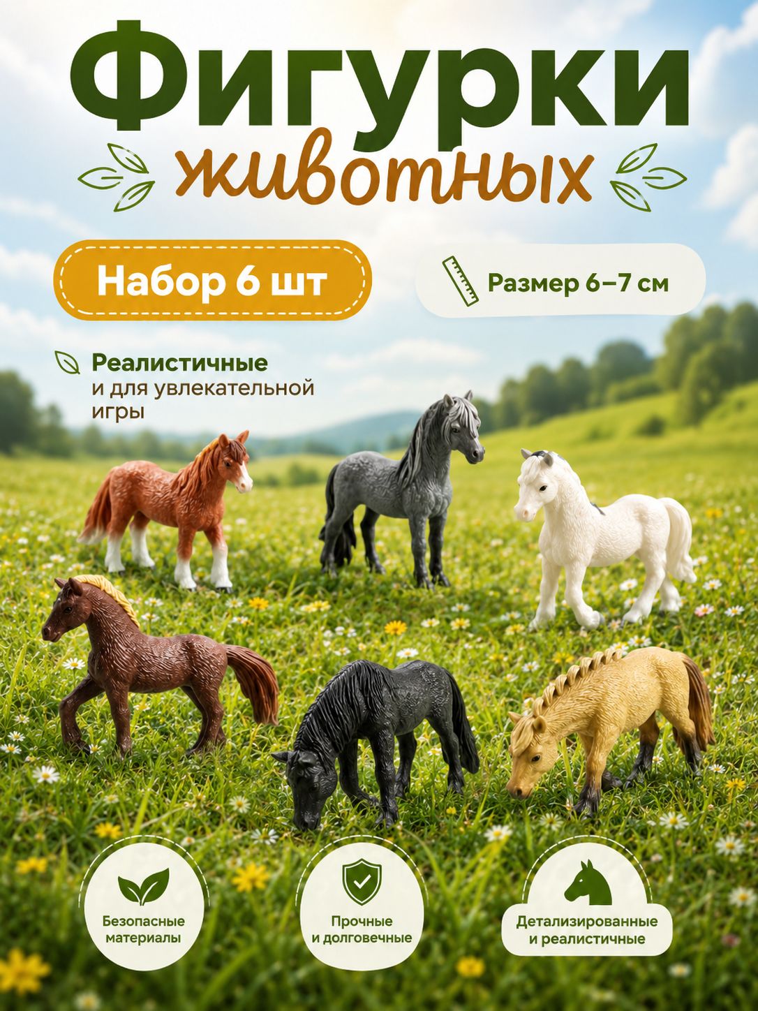 Фигурки животных для детей, набор лошадей 6 шт, игрушечные лошадки 6-7 см, реалистичные мини фигурки для сюжетных игр, ферма, для детей обучающий набор, игры дома