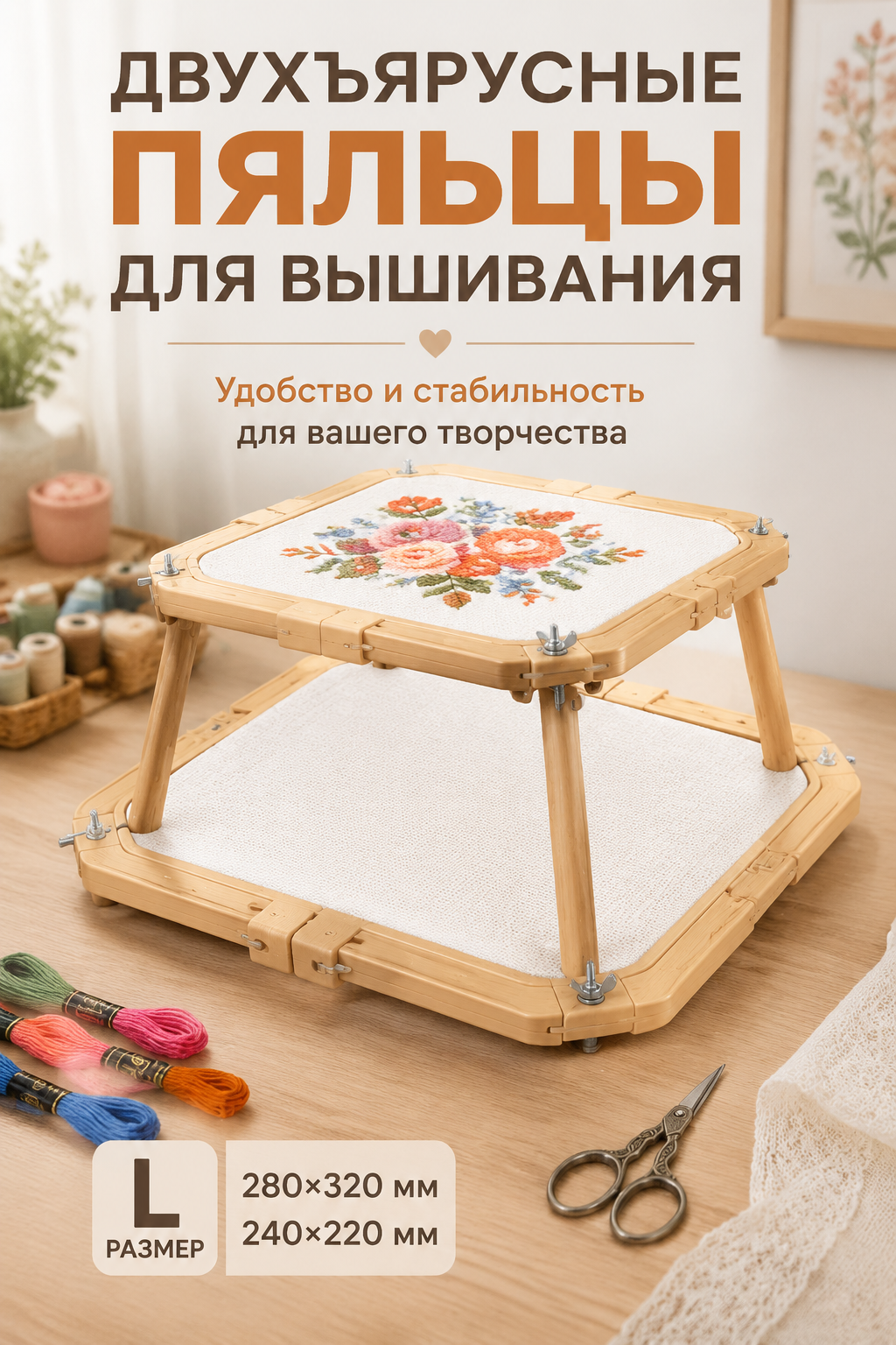 Квадратные двухъярусные пяльцы для вышивания с держателями, размер L