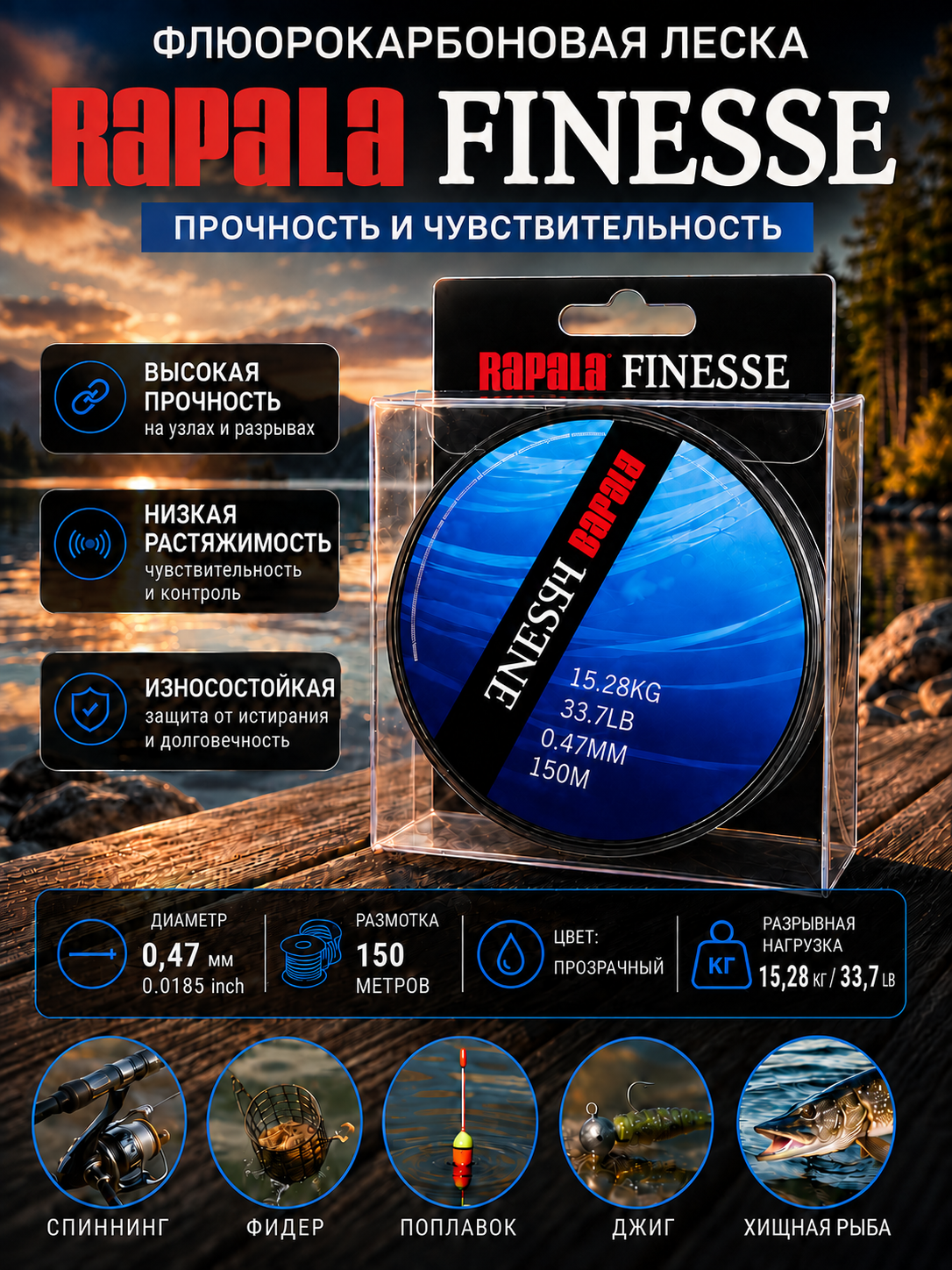 Леска рыболовная флюорокарбоновая Rapala Finesse 0.47 мм, 150 м, 15.28 кг, прозрачная