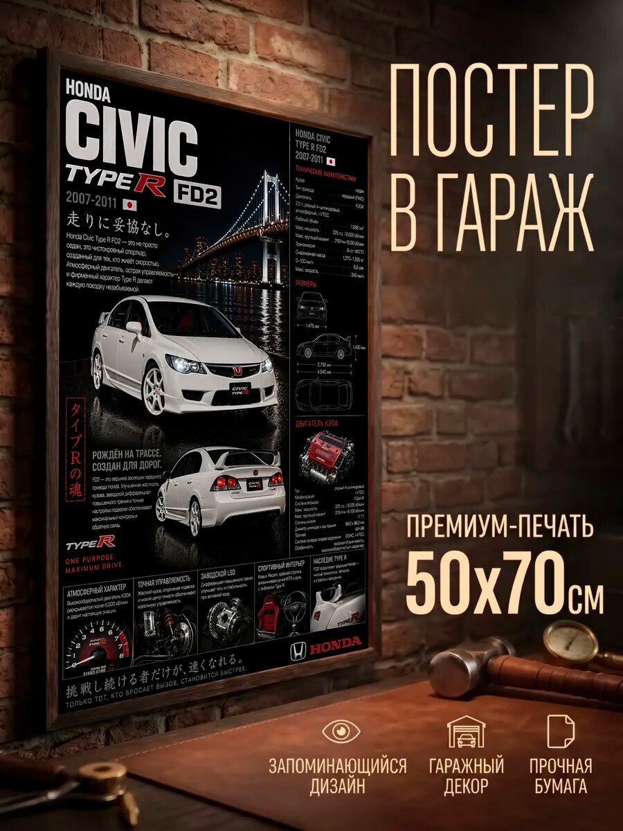 Постер на стену большой 50*70 без рамки Хонда Цивик тип FD2