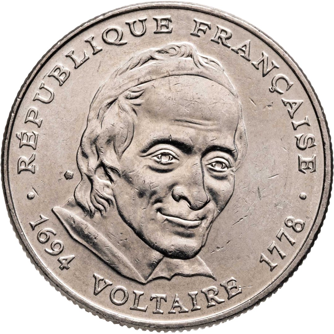 Франция 5 франков francs 1994 "300 лет со дня рождения Вольтера", Никель, в сохранности AU-UNC