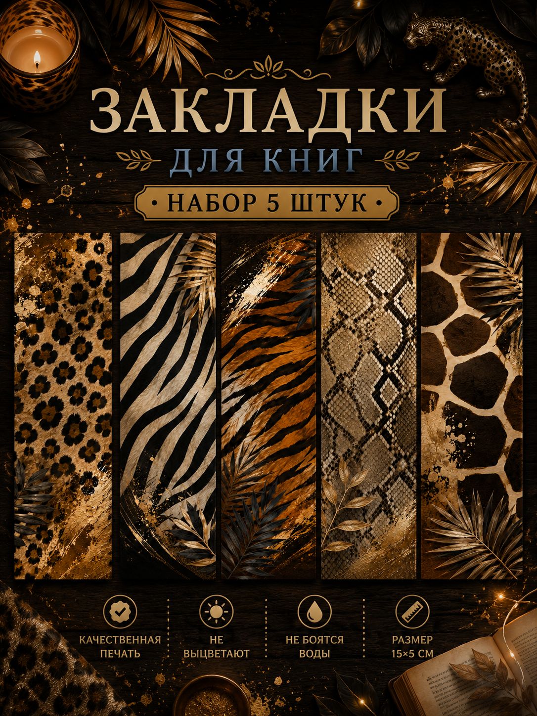 Набор 5 шт двухсторонних закладок Животный принт