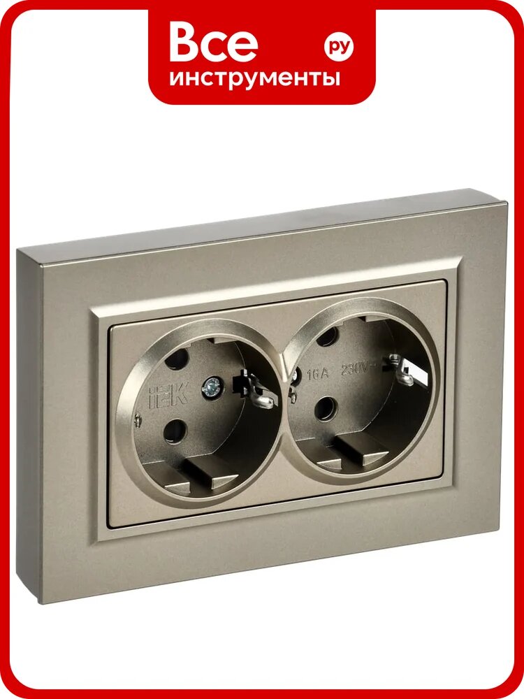 Розетка IEK BRITE 2-я с заземлением, с защитными шторками, плоская,16А в сборе РСшПл12-3-БрШ шампань BR-R28-16-K37-F