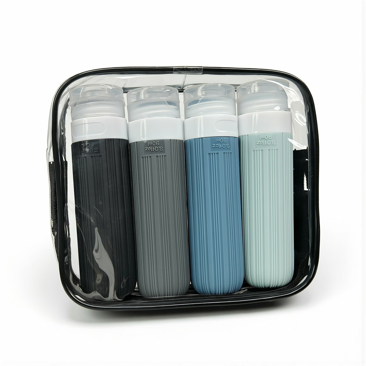 Дорожные аксессуары легкие флаконы 90 мл силикон набор 4 штук против протечек для косметики с сумкой ПВХ, 90ML набор из 4 флаконов в ПВХ сумке -03
