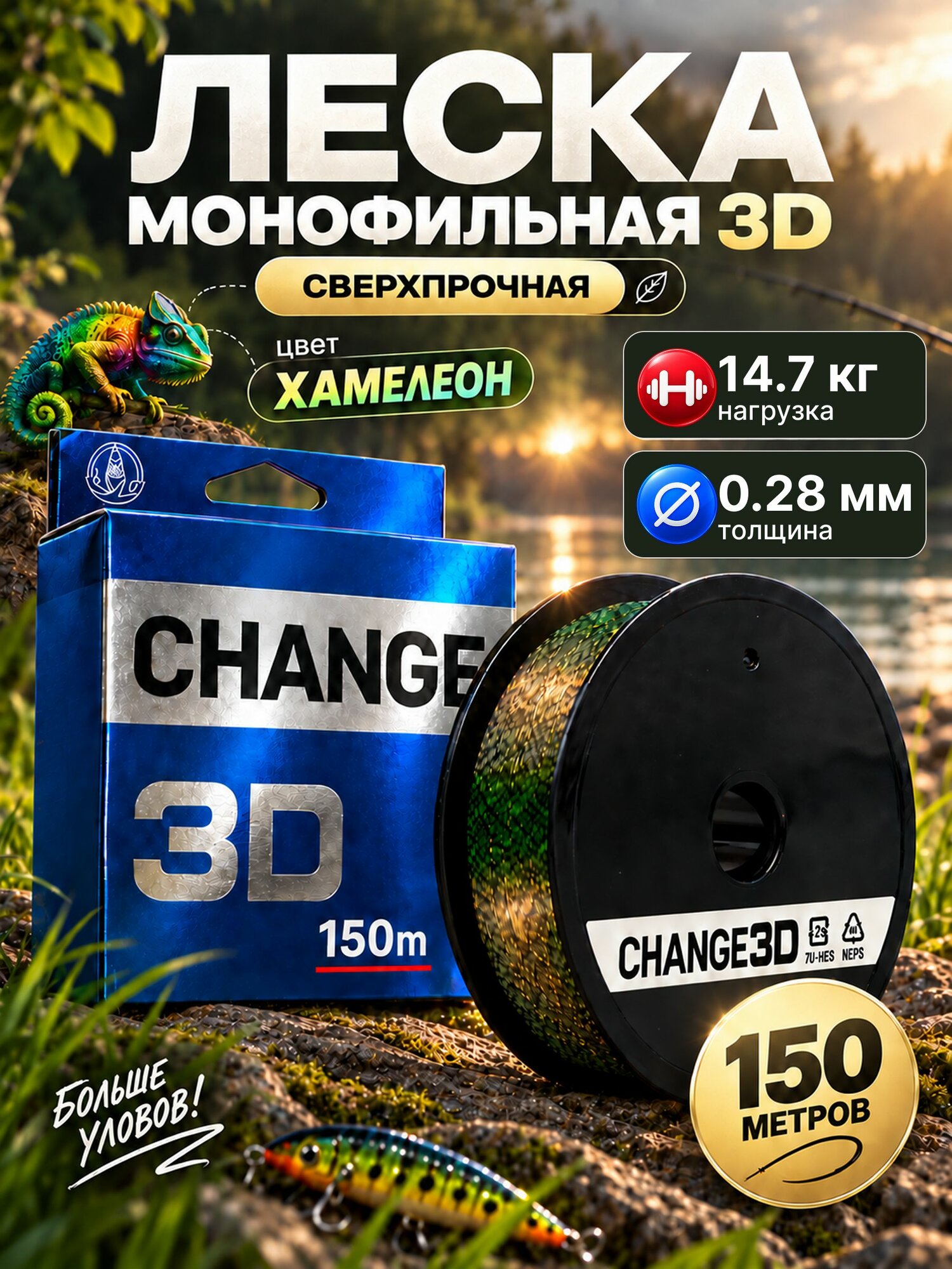 Леска для зимней рыбалки Хамелеон монофильная / Леска рыболовная для поводков, фидера, спиннинга 3D CHANGE 150м 0.28мм