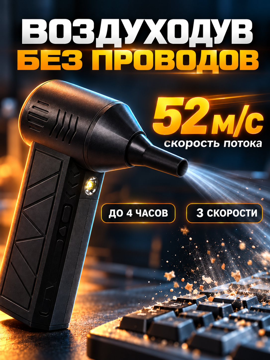 Воздуходувка аккумуляторная мощная для авто, ПК, сада, 3 скорости