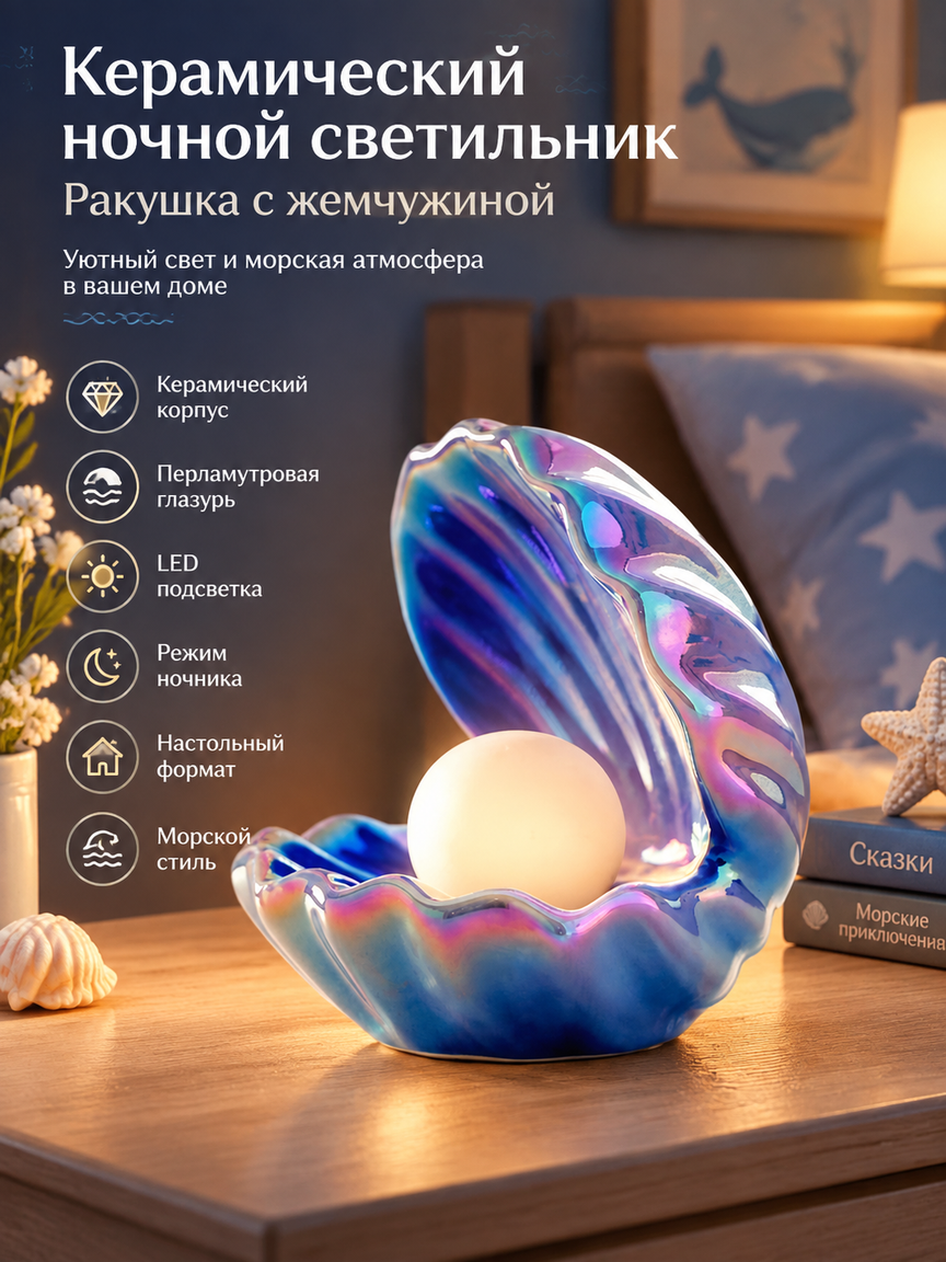 Керамический ночной светильник-ракушка с жемчужиной, декоративный настольный LED-светильник