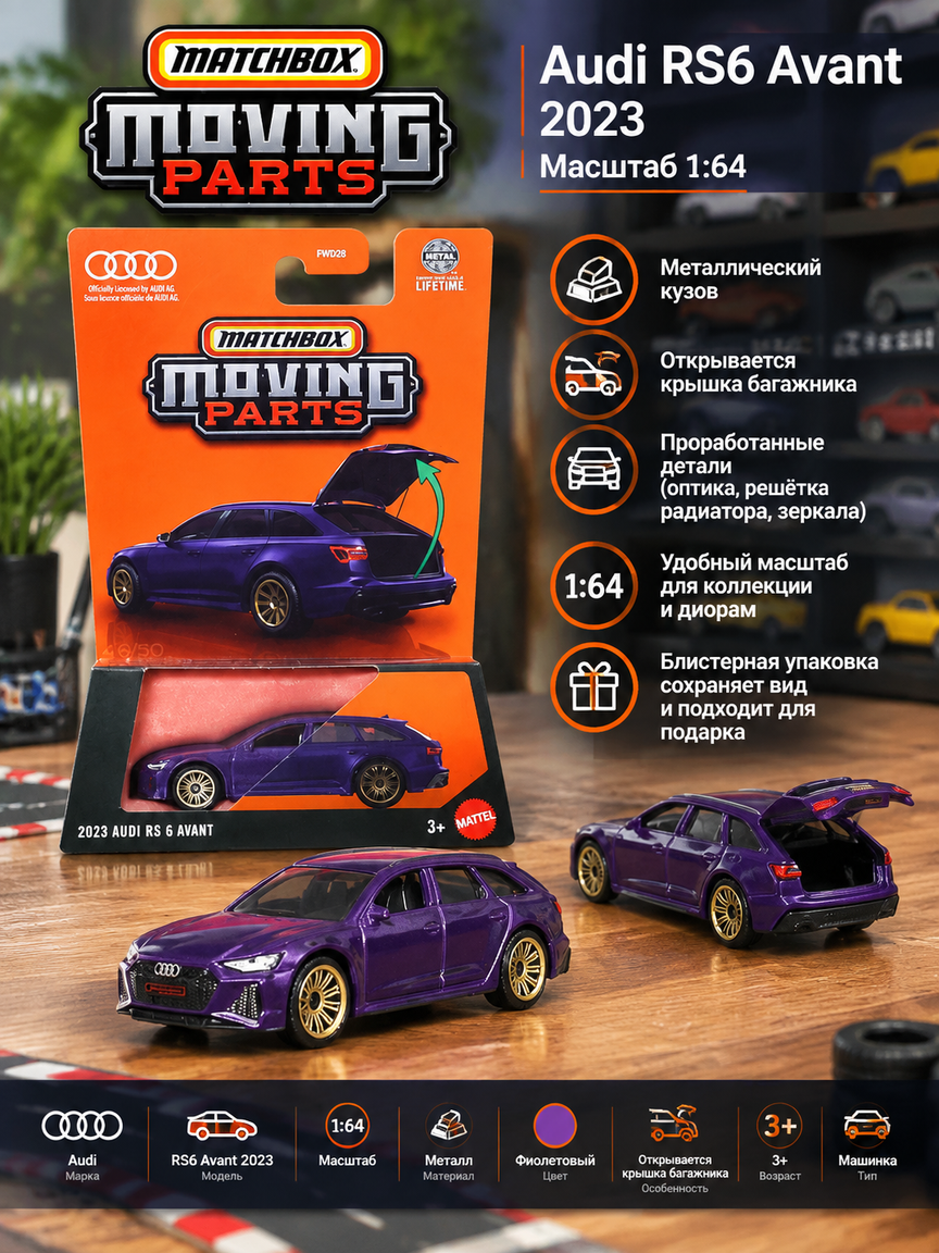 Машинка-игрушка Audi RS6 Avant 2023 в масштабе 1:64, металлический кузов, открывается багажник