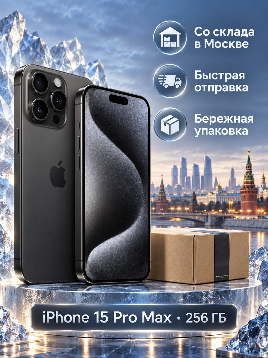 Смартфон Apple iPhone 15 Pro Max 256 ГБ, чёрный, A17 Pro, 2 Nano-SIM, отправка из Москвы в день заказа, гарантия продавца 12 мес, максимальная ёмкость аккумулятора 100%