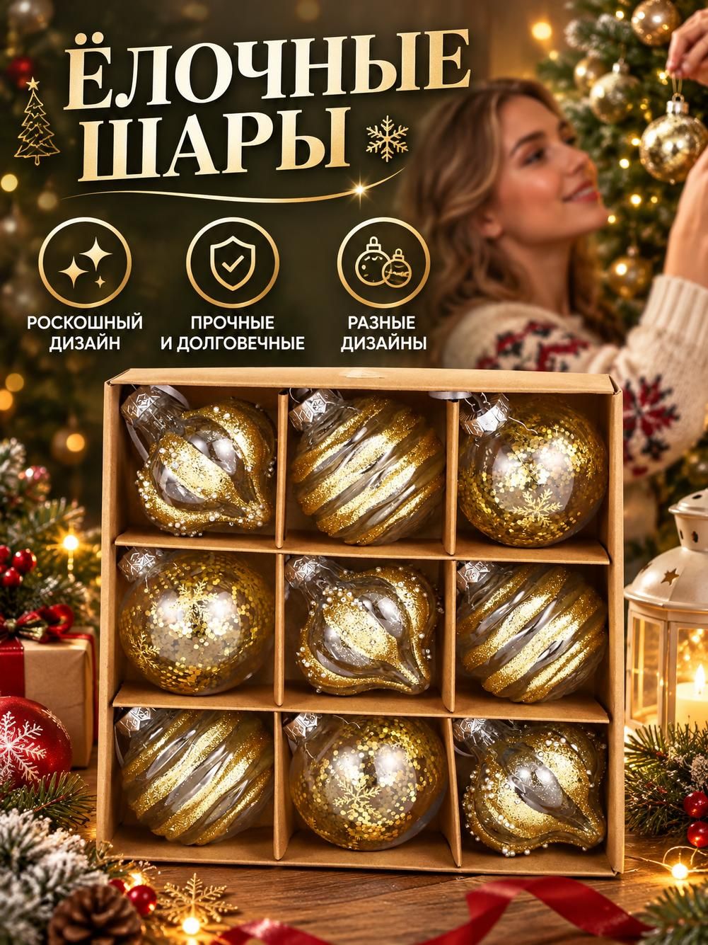 Набор елочных украшений из ударопрочного пластика, 9 шт, 8 см, зеленый