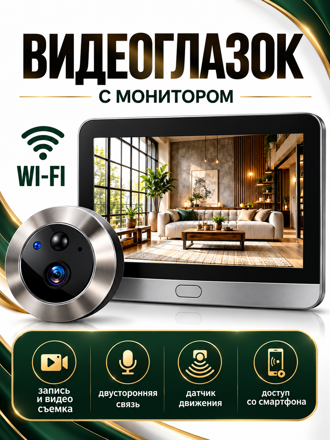 Умный видеоглазок WiFi для входной двери с датчиком движения и записью 400PC Silver