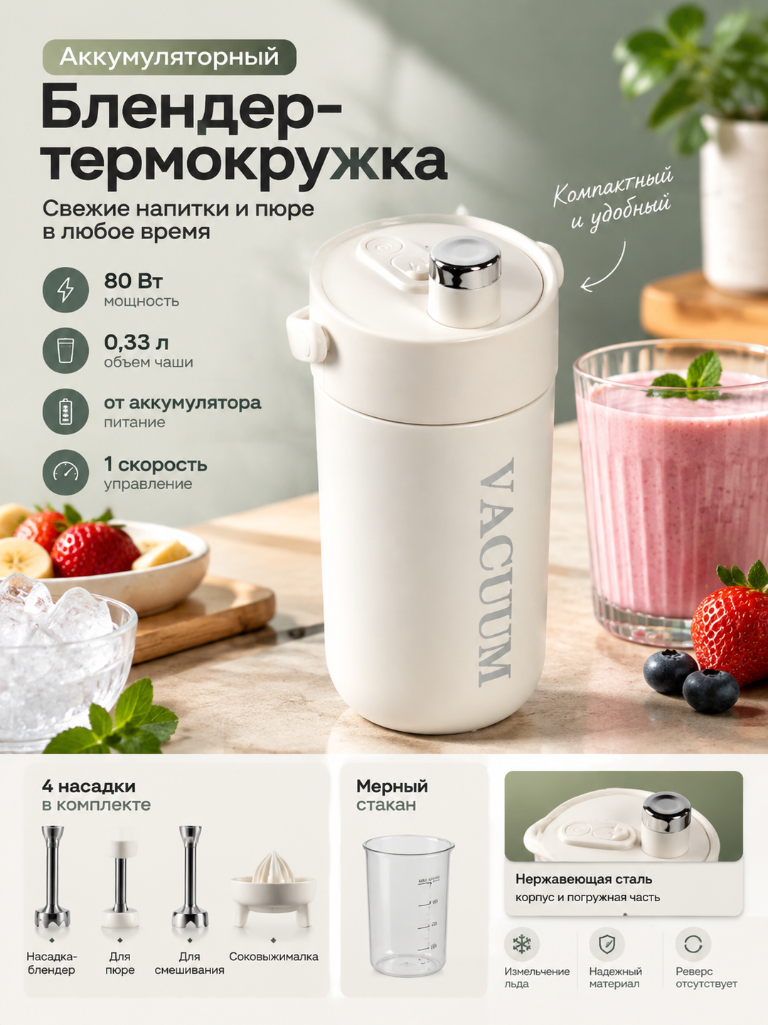 Аккумуляторный блендер-термокружка 330 мл, 80 Вт, белый