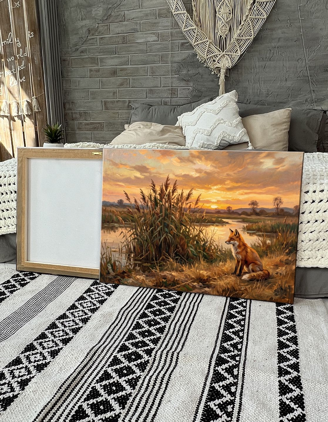 Картина на холсте (лиса, закат, река, камыши, пейзаж, трава, вода) 30x40 см. Интерьерная на стену. Украшение в комнату. В подарок.