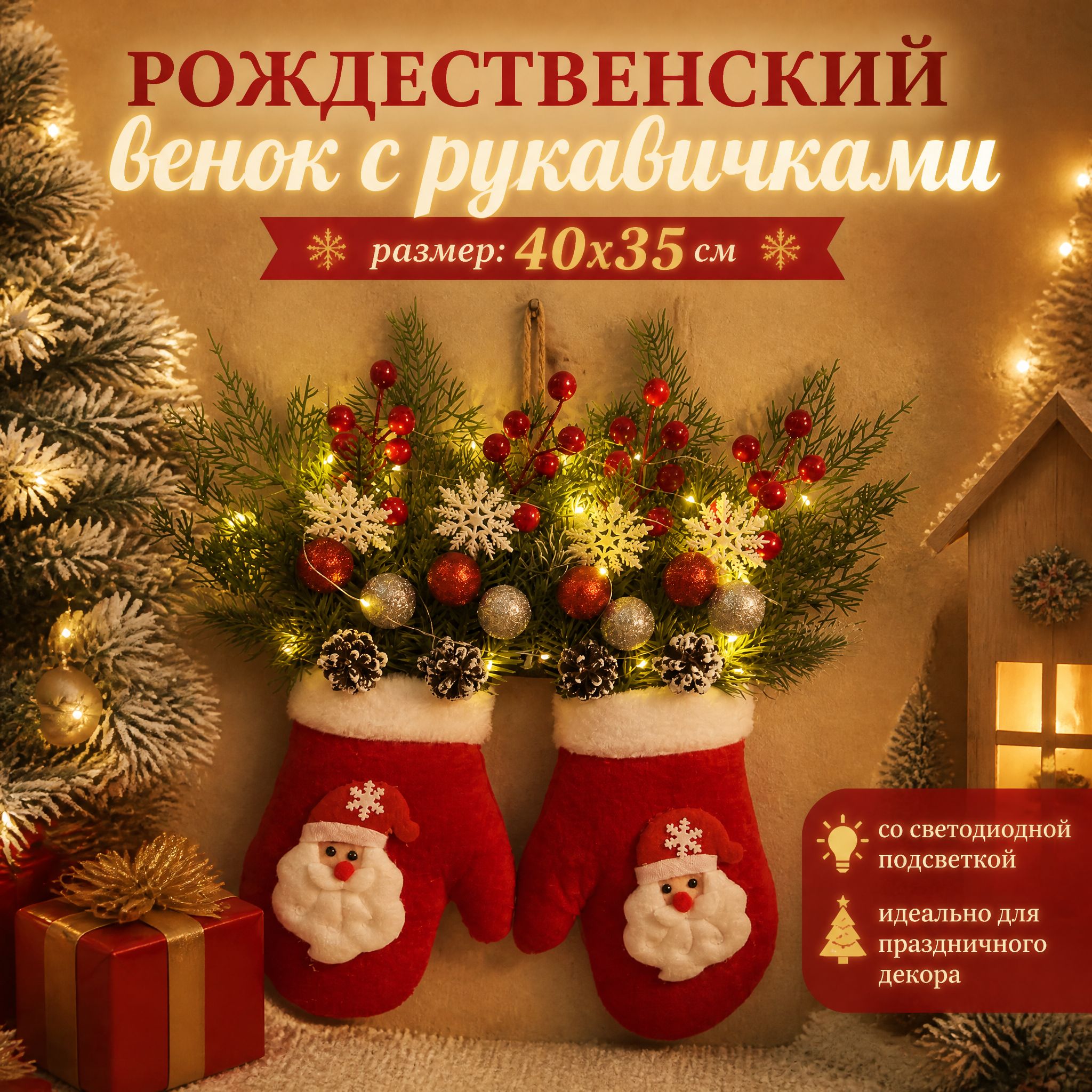 Гирлянда с подсветкой имитация цветочного венка в форме перчатки, размер 40*35 см, декор для окон и ворот