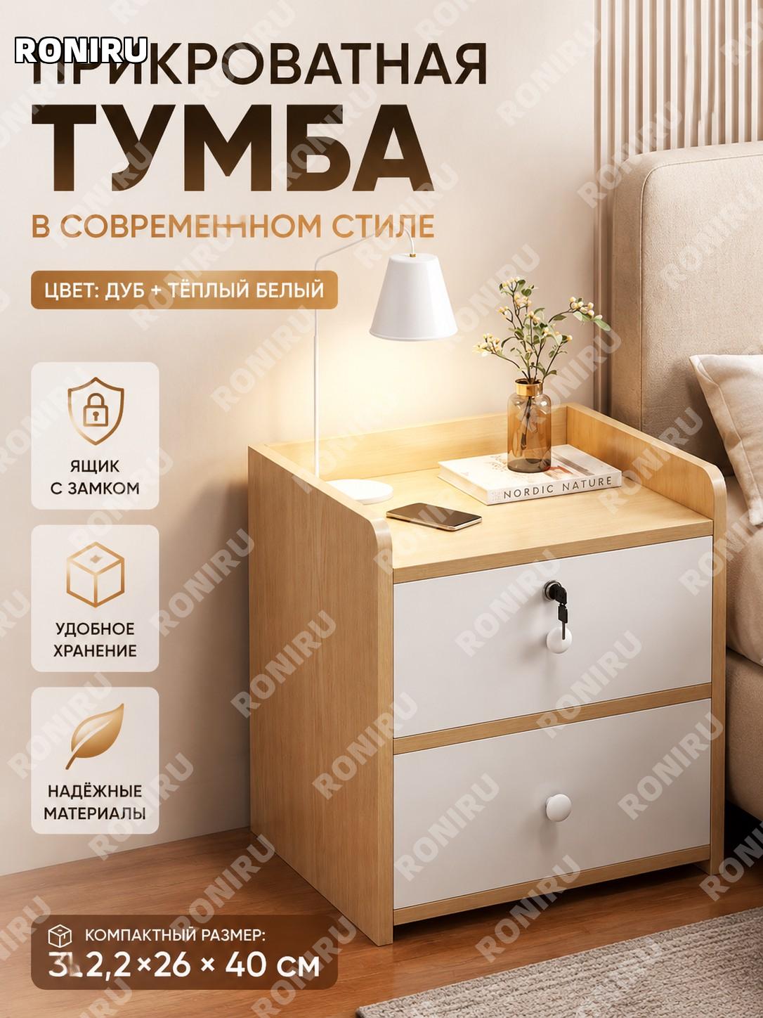 Прикроватная тумба CTG002999 32.2×26×40 см с замком, дуб кантри и теплый белый фасад ящика для хранения