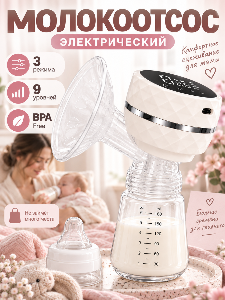 Молокоотсос электрический беспроводной портативный 3 в 1, с бутылочкой.