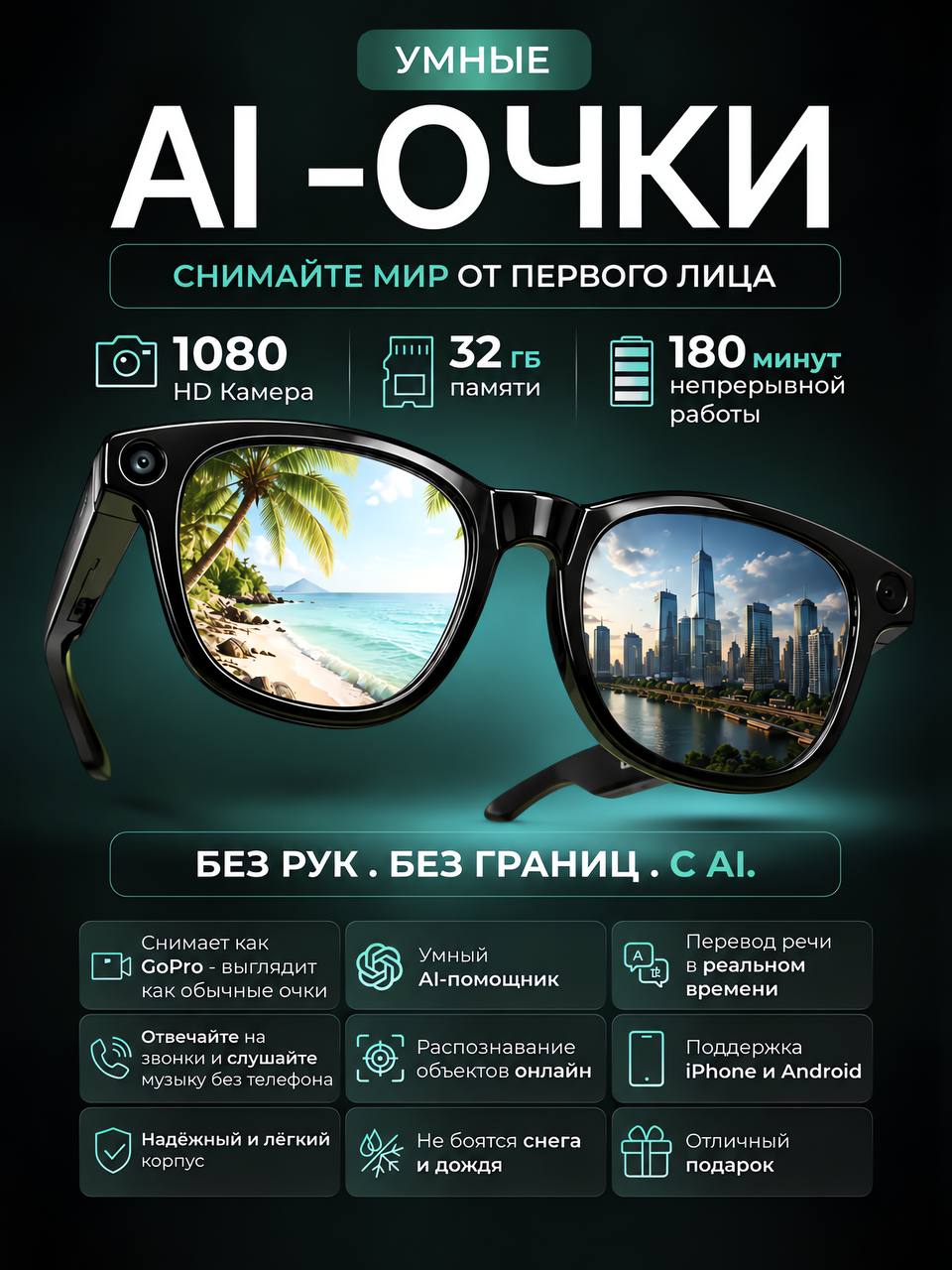 Очки с камерой, умные очки с камерой и микрофоном, Smart Glasses Ai